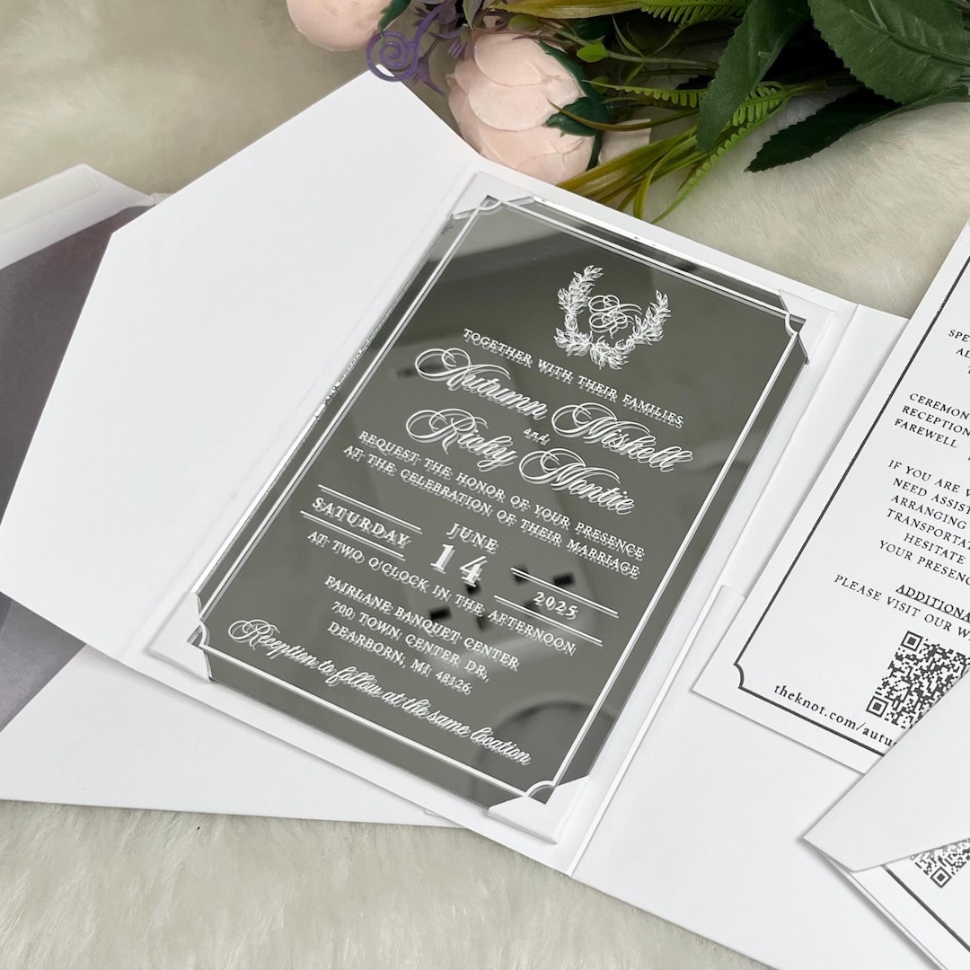 Silver Mirror Acrylic Wedding Invitation With White Pocket Envelope - Etsy