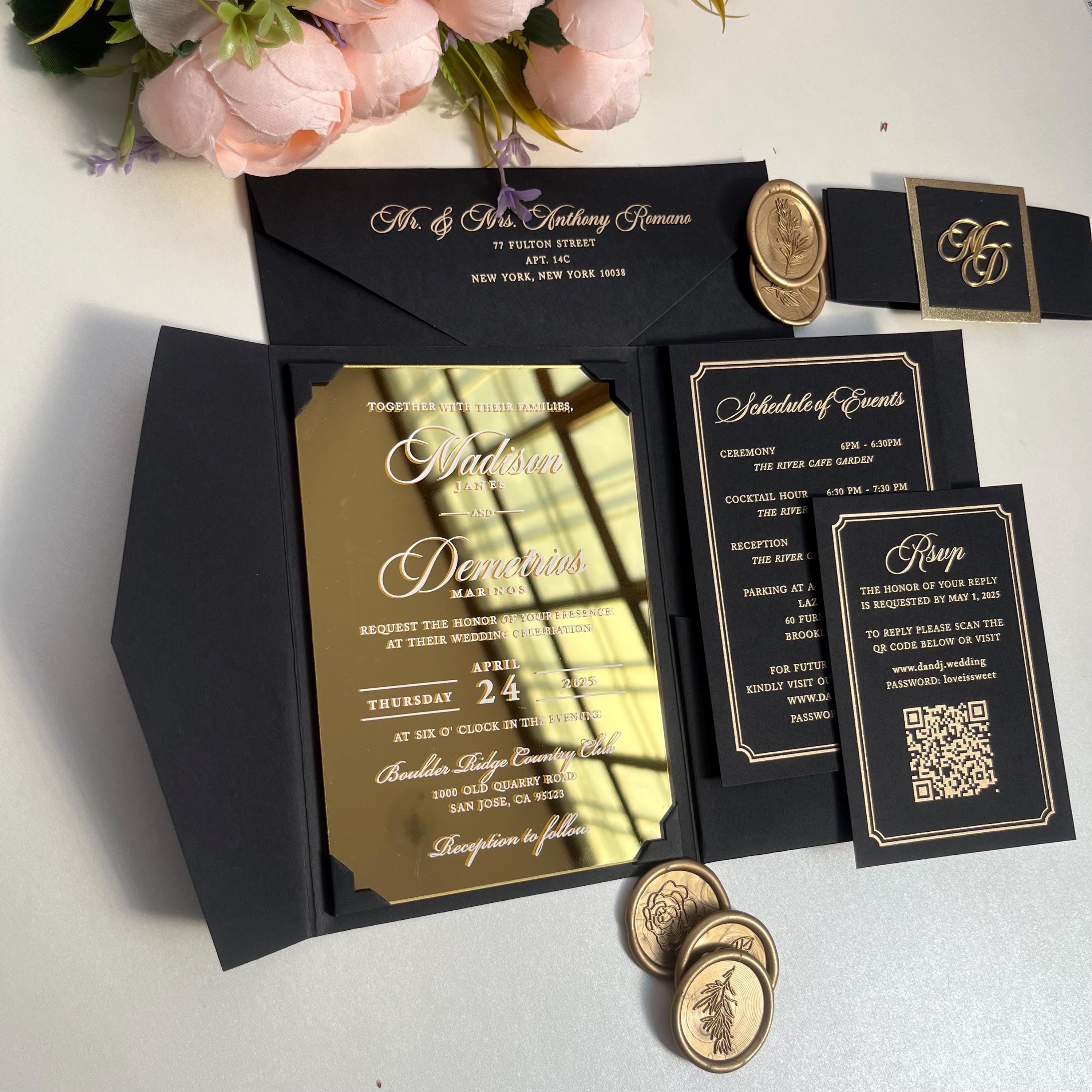 Gold Mirror Pocket Acrylic Wedding Invitation Set: Tri Fold Black ...