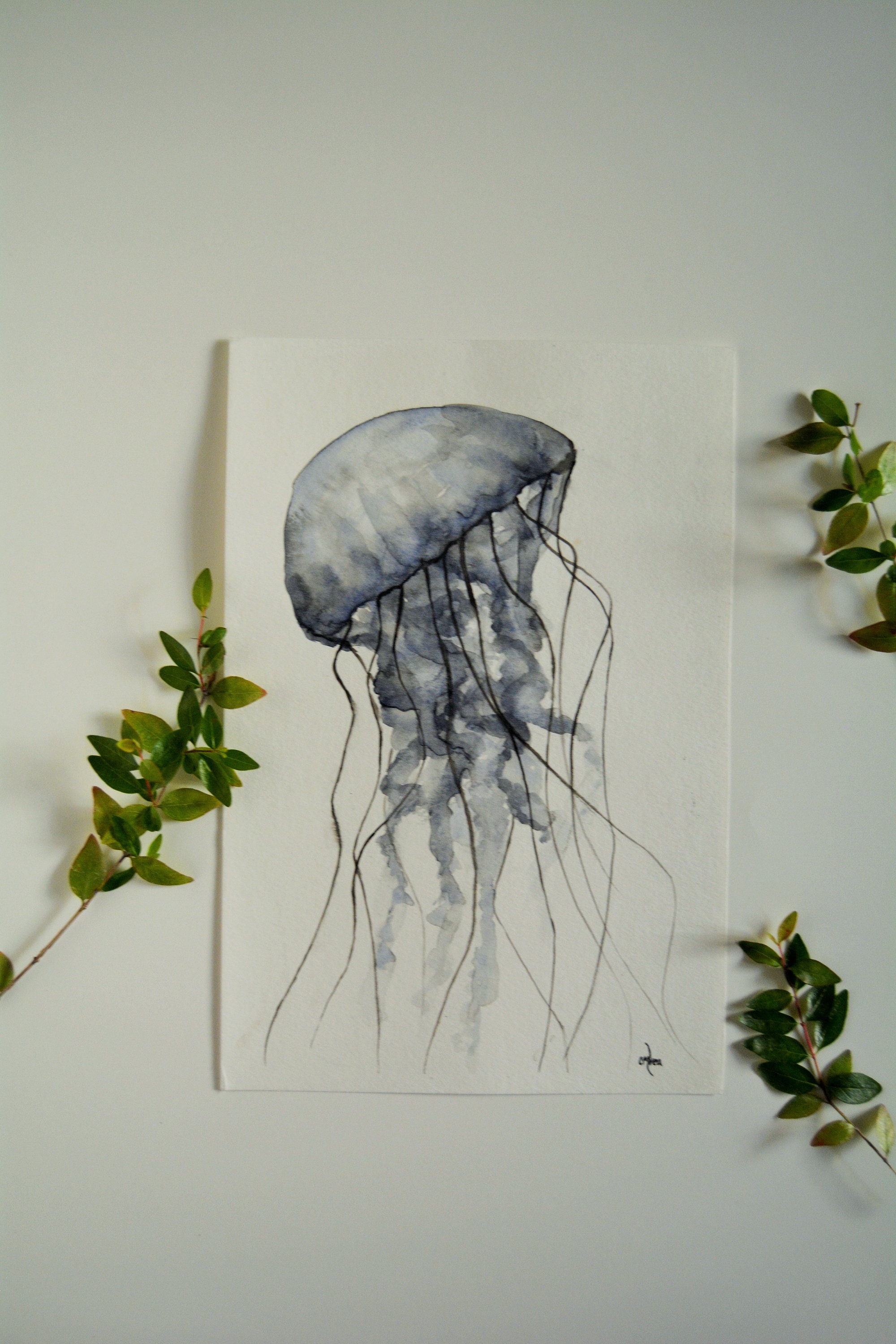 Dark Gray Jellyfish Watercolor Painting, Original Watercolor Jellyfish ...