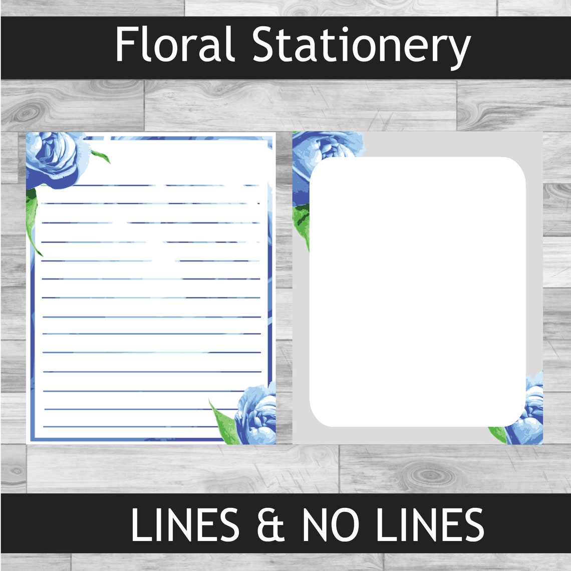 Printable Floral Stationery Paper Set of 5 Blue Rose US Letter | Etsy