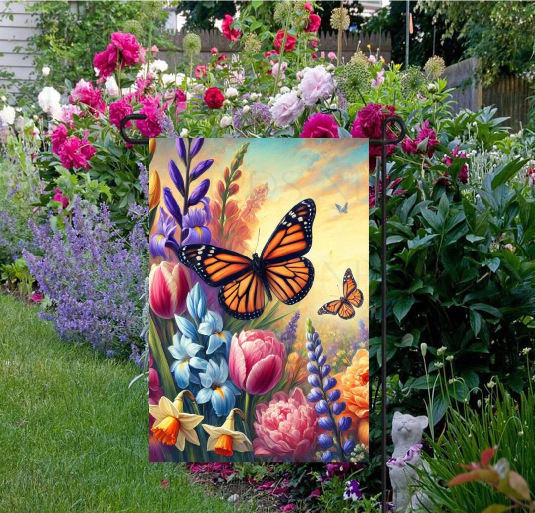 Monarch Butterfly Welcome Garden Flag - Spring Flowers Decor - Etsy