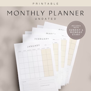 Monthly Planner (undated), Printable, Instant Download, Sunday & Monday ...