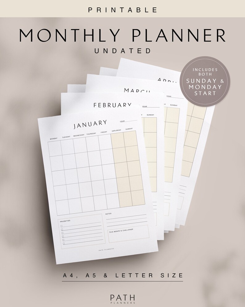 Monthly Planner (undated), Printable, Instant Download, Sunday & Monday ...