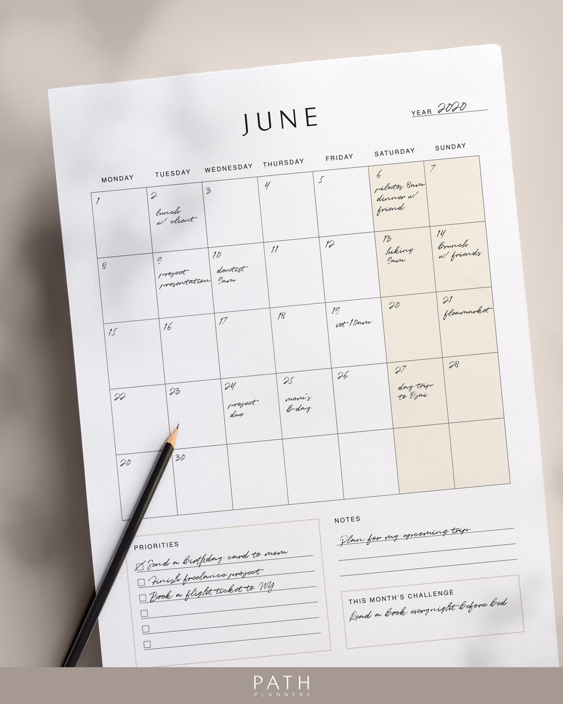 Monthly Planner (undated), Printable, Instant Download, Sunday & Monday ...