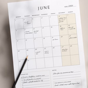 Monthly Planner (undated), Printable, Instant Download, Sunday & Monday ...