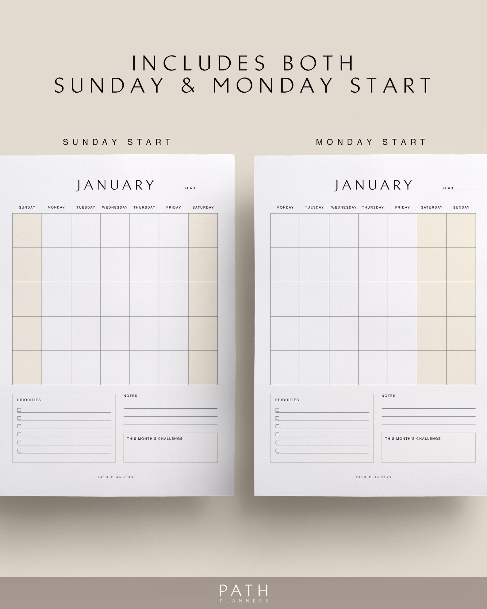 Monthly Planner (undated), Printable, Instant Download, Sunday & Monday ...