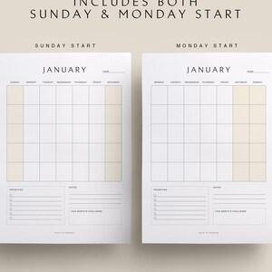 Monthly Planner (undated), Printable, Instant Download, Sunday & Monday ...