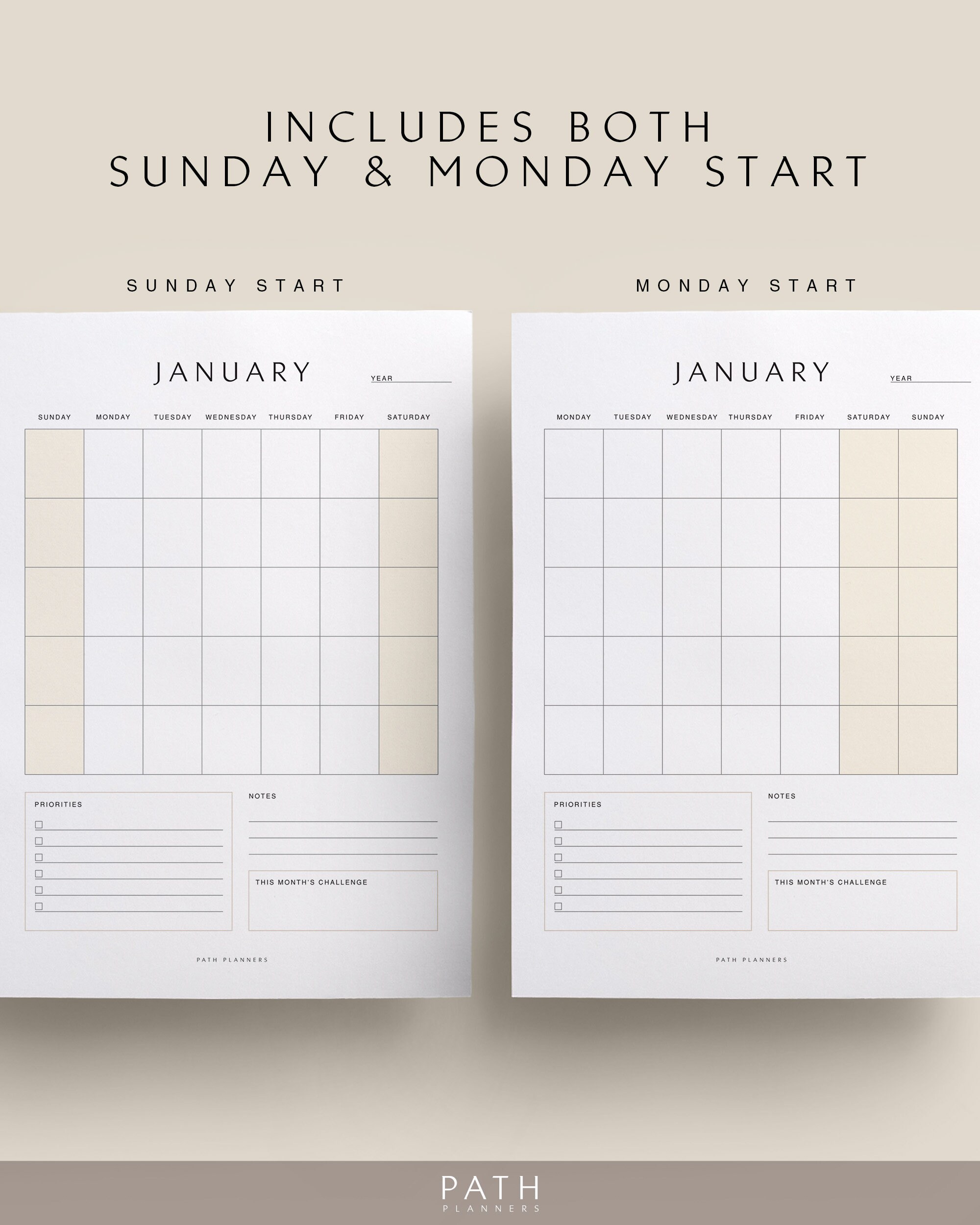 Monthly Planner (undated), Printable, Instant Download, Sunday & Monday ...