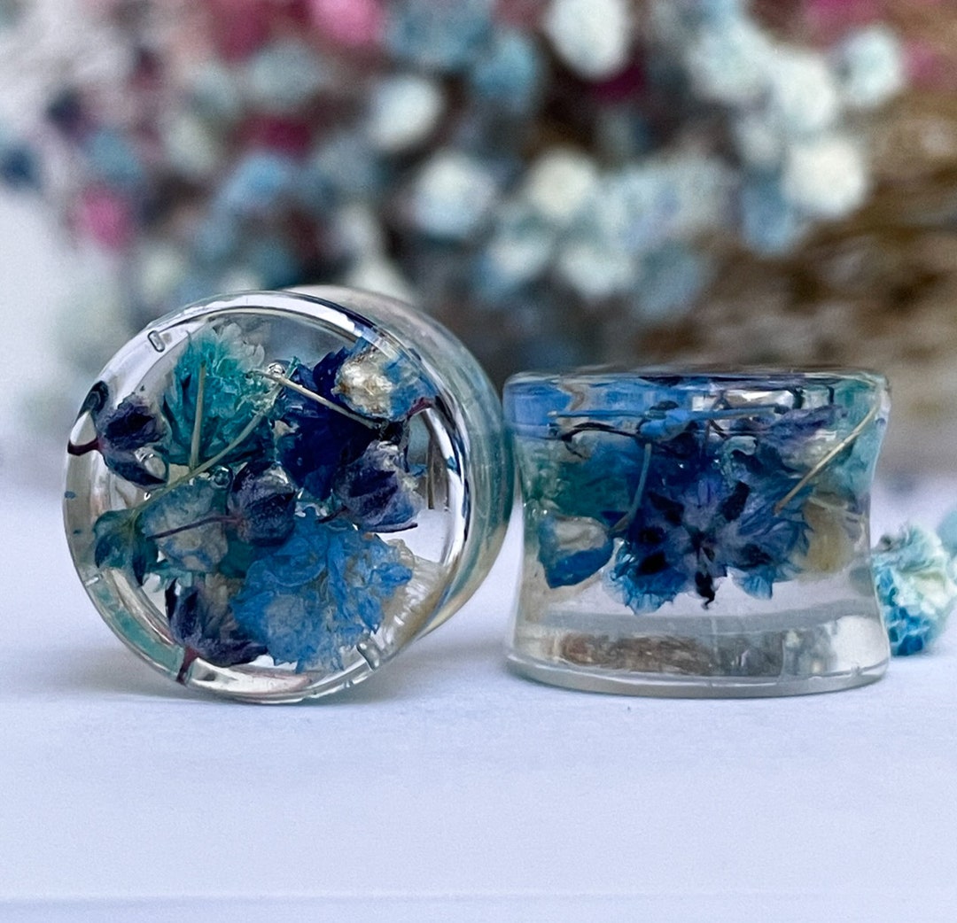 Dark Blue and Light Blue Gauges, Real Flower Transparent Ear Plugs, Ear ...