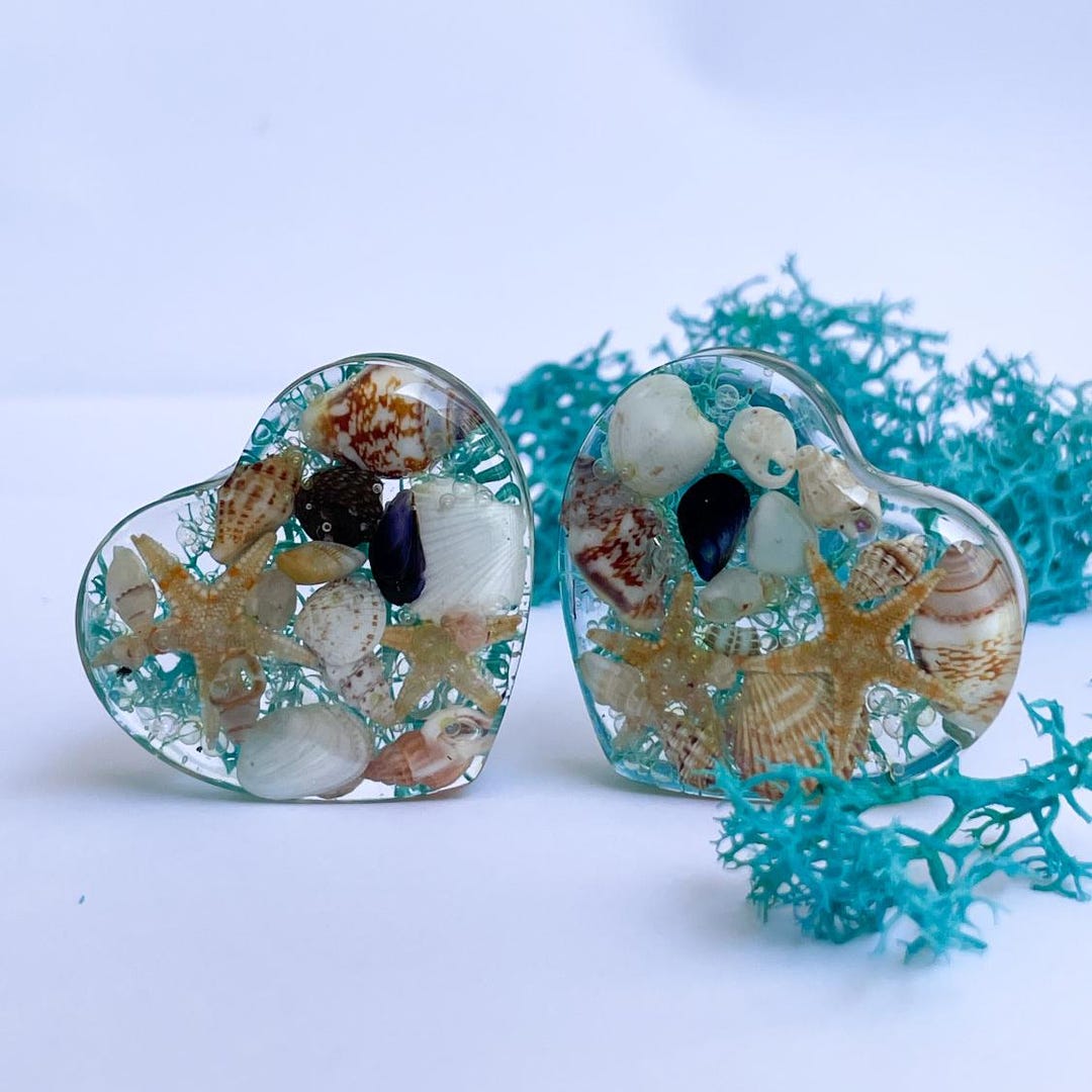 Ocean Themed Seashell Heart Shape Ear Gauges, Transparent Ear Tunnels ...