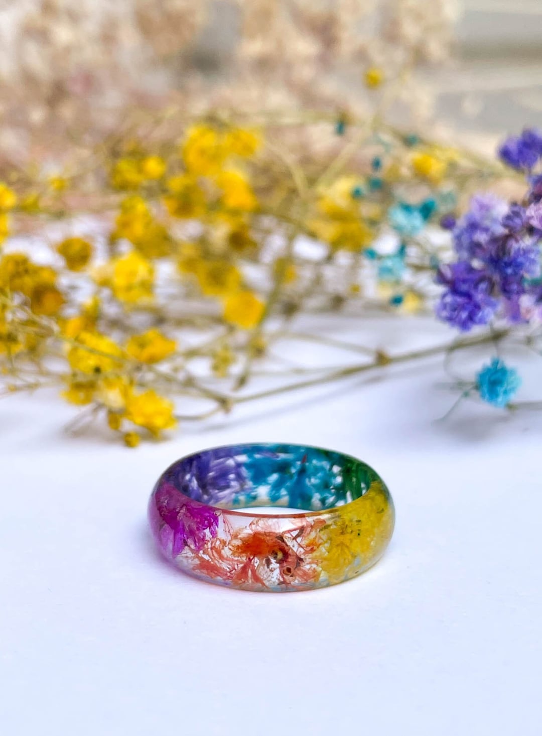 Handmade Pressed Real Flower Resin Ring: Rainbow Floral Jewelry - Etsy