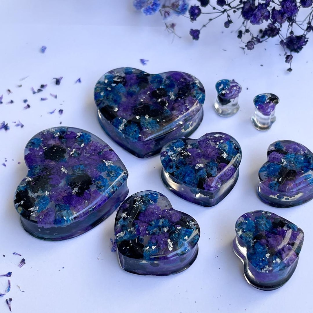 Dark Coloured Flower Heart Shaped Ear Gauges, Flower Gauges With Silver ...