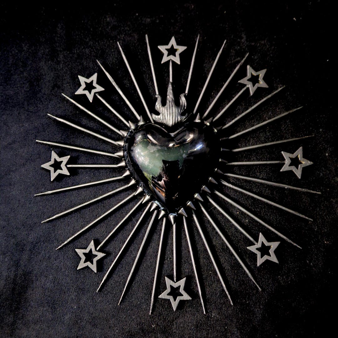 All Black Sacred Heart Starburst With Black Rays and Stars, Wall Decor ...