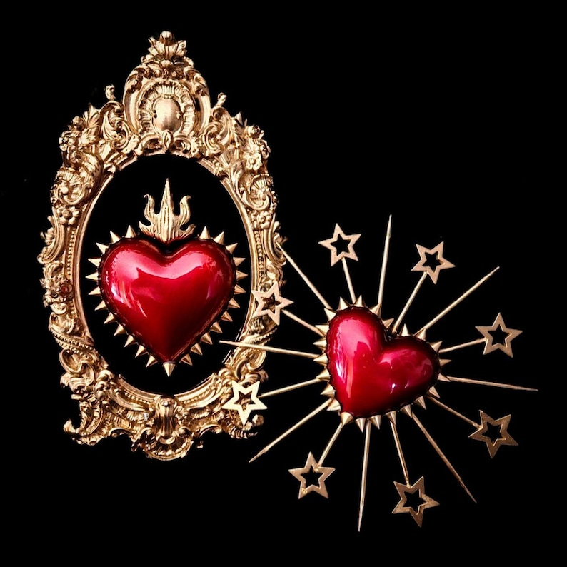 Red and Gold Framed Sacred Heart and Star Burst Duo. Red Sacred Heart ...