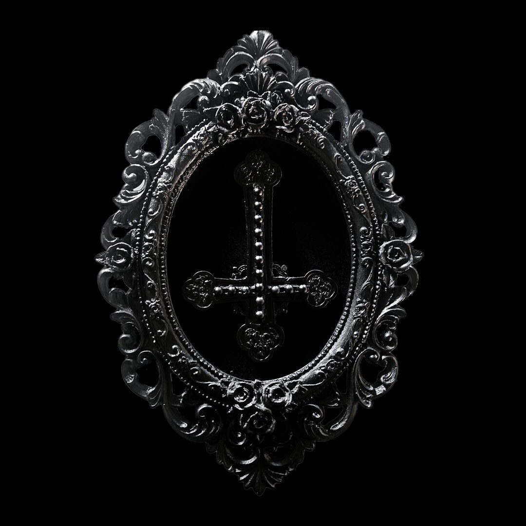 Framed Inverted Cross, Gothic Art. Mounted on Black Velvet in a Black ...