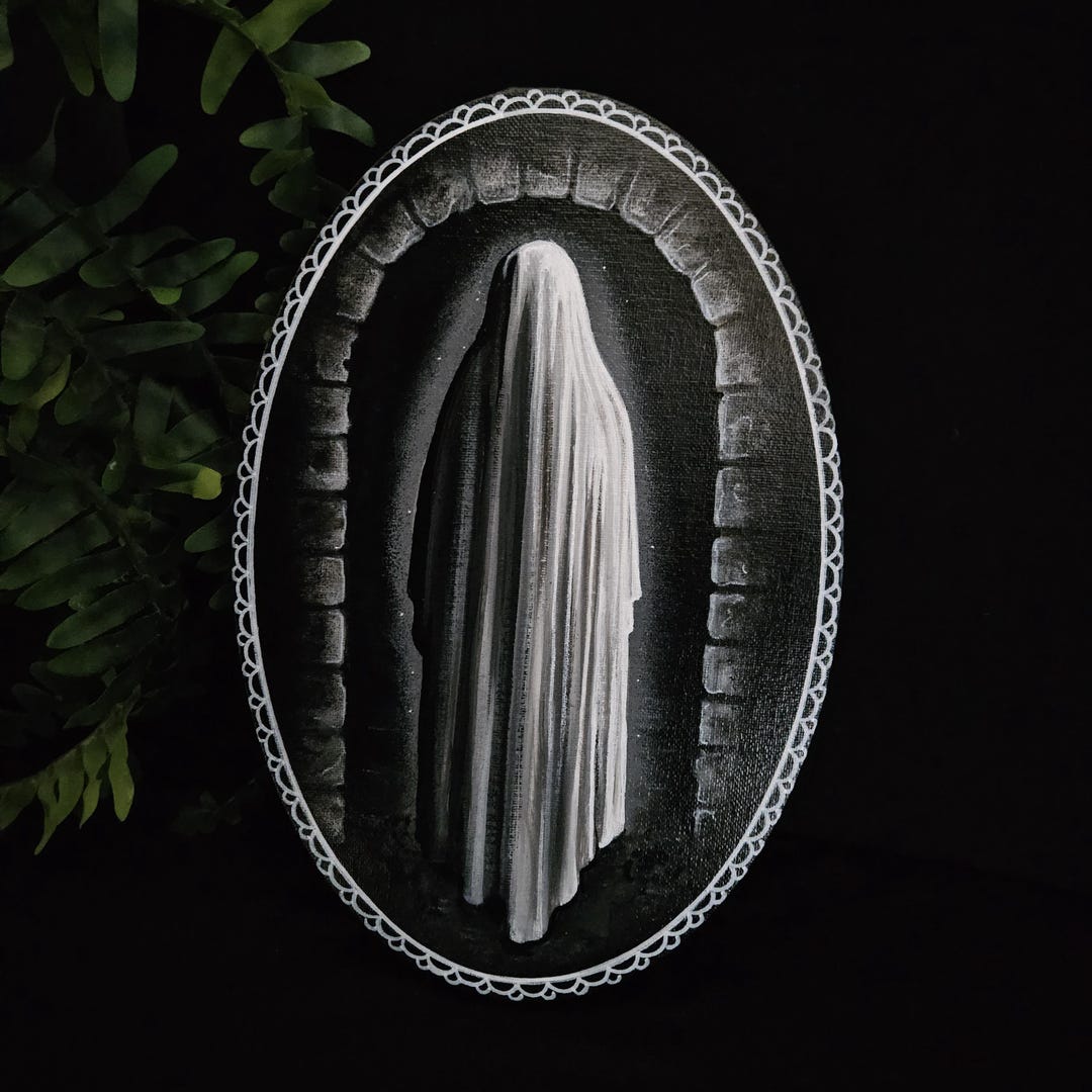 Ghost Painting, Black and White Acrylic on Oval Canvas, Gothic Art. - Etsy