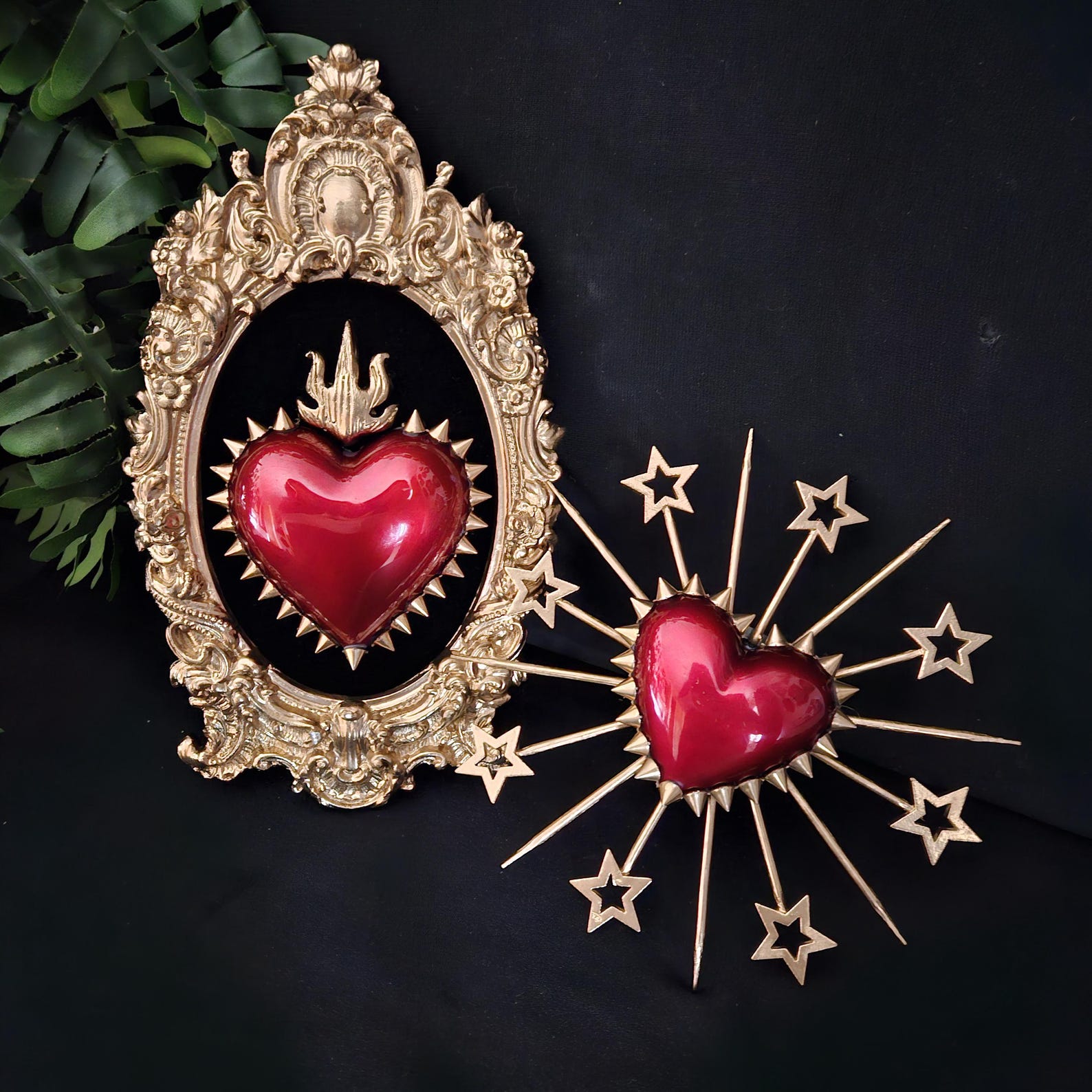 Red and Gold Framed Sacred Heart and Star Burst Duo. Red Sacred Heart ...