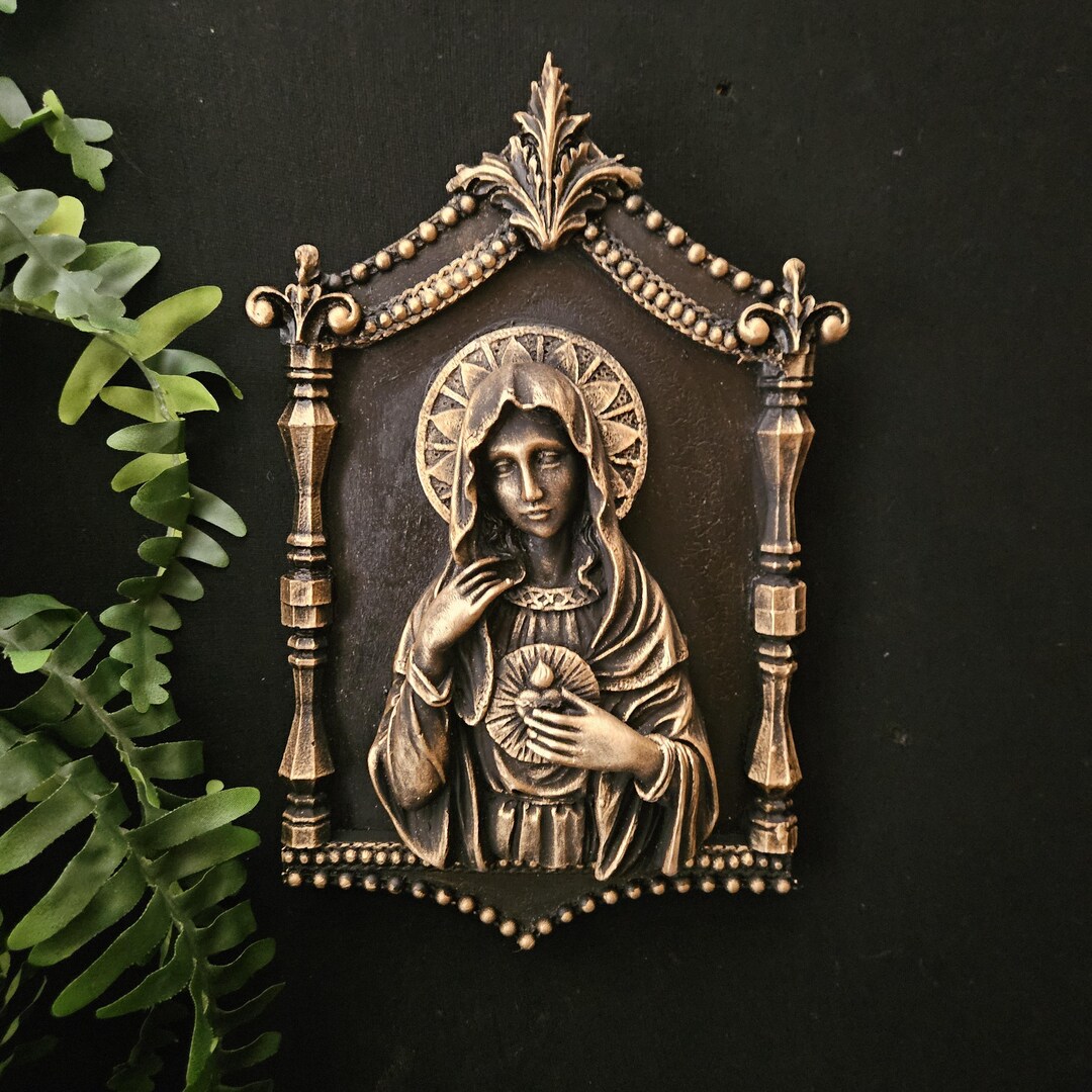 Hand Cast Sacred Heart of Mary, Mounted in Gothic Wooden Frame, Gold ...