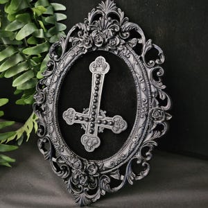 Framed Inverted Cross, Gothic Art. Mounted on Black Velvet in a Black ...