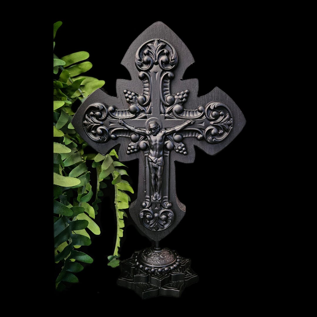 Standing Black Crucifix With Ornate Base. Gothic, Religeous Iconography ...