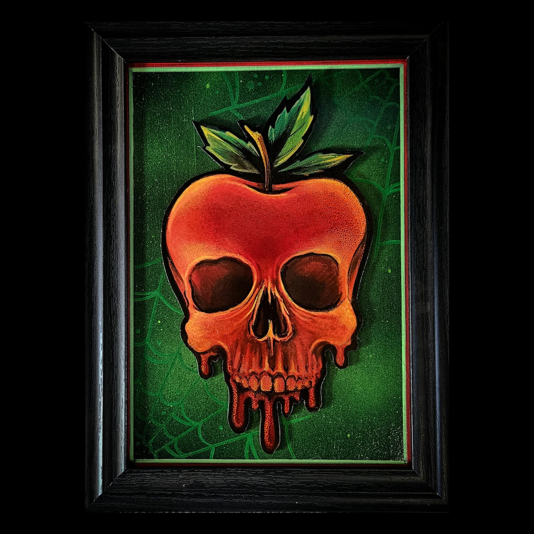 Framed Layered Painting of a Poisoned Apple, on Green Cobweb Background ...