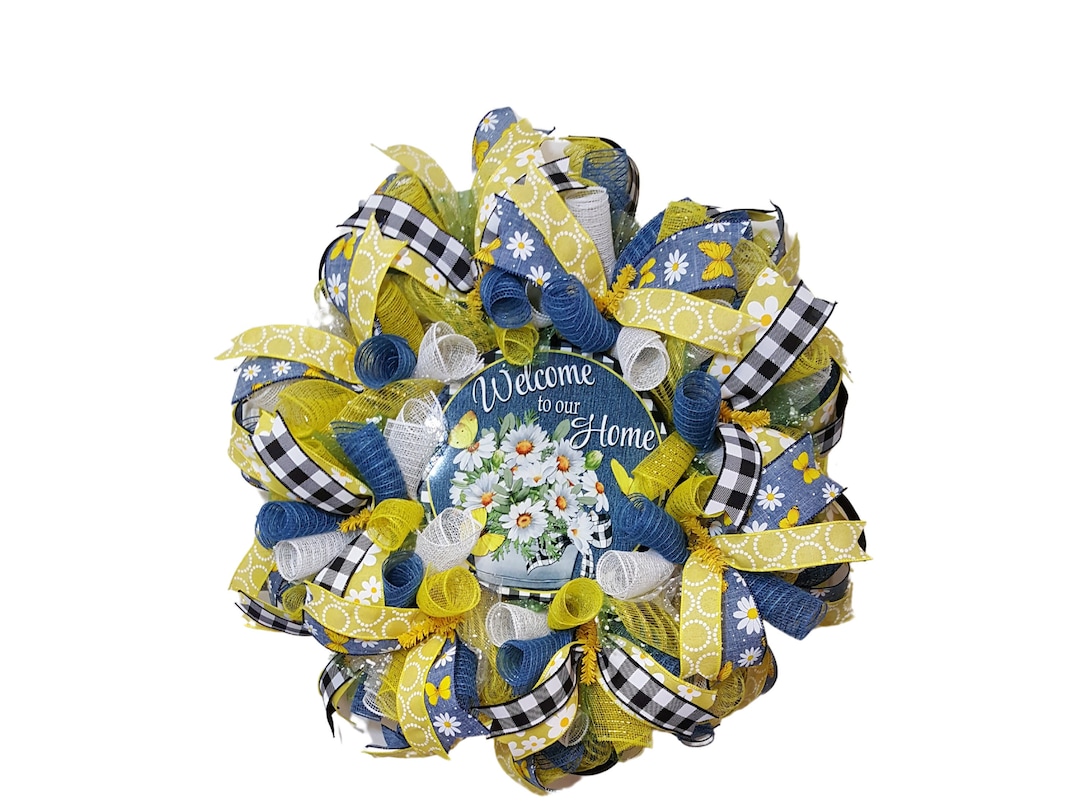 Welcome to Our Home Wreath, Handmade Blue and Yellow Ribbon Wreath ...