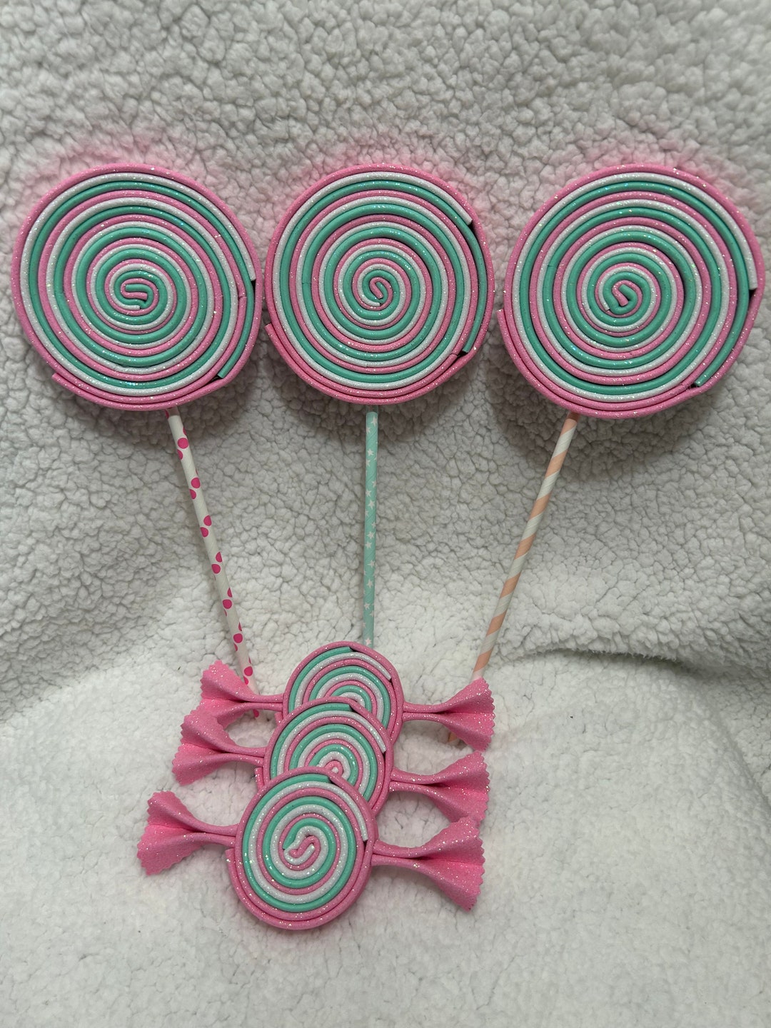 3pc Christmas Candyland Theme Glitter Foam Candy or Pops, Pink, Mint ...