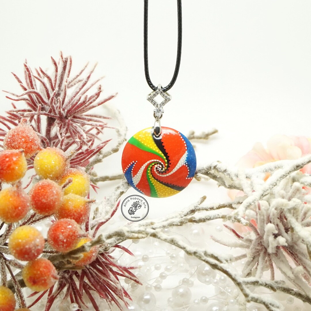 Multicolour Spiral Mandala Necklace, Jewellery, Pendant 30mm, Leather ...