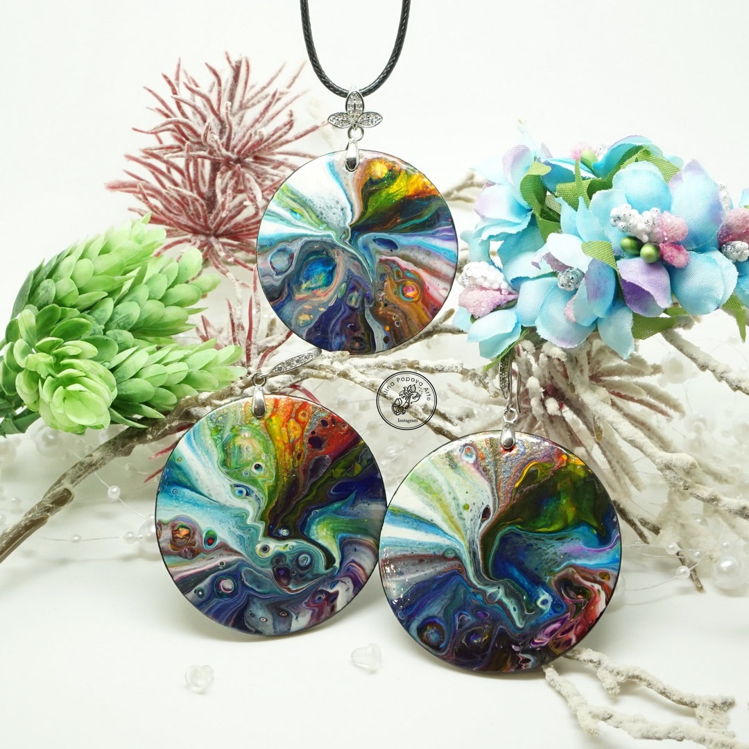 Ocean Jewellery Set, Abstract Fluid Art, Necklace Pendant 45mm, Chain ...