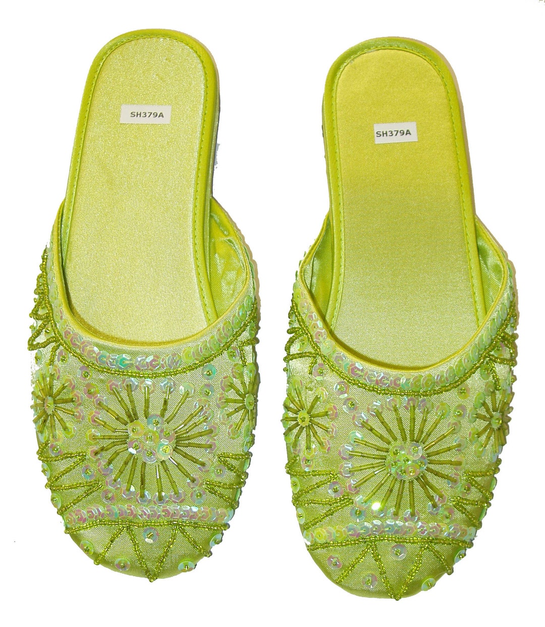 Slippers Sequin Satin Beaded Flippers LIME GREEN - Etsy