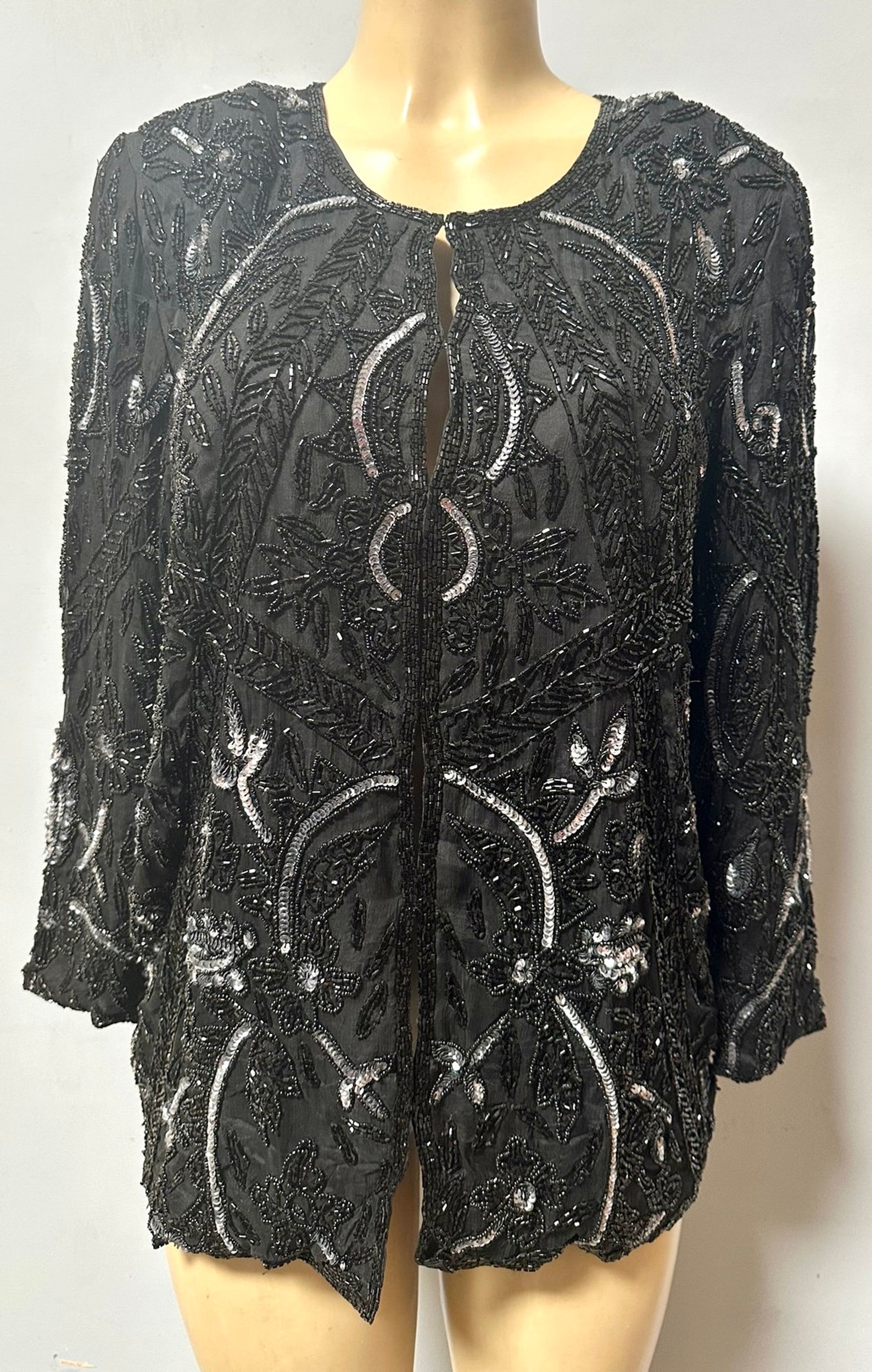 Lace Sequin Beaded Blazer Coat Black Silver Size M Only - Etsy