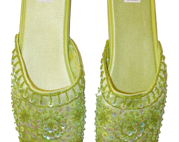 Sequin Satin Beaded Slippers LIME GREEN - Etsy