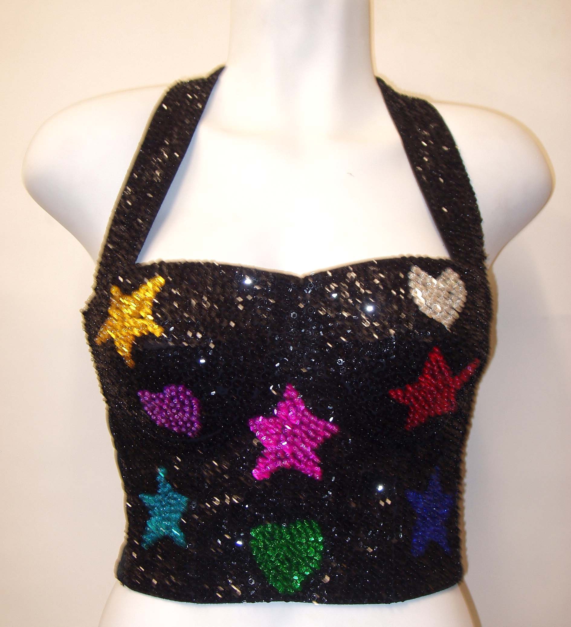 Sequin Bustier Halter Top BLACK w/COLOR Hearts & Stars | Etsy