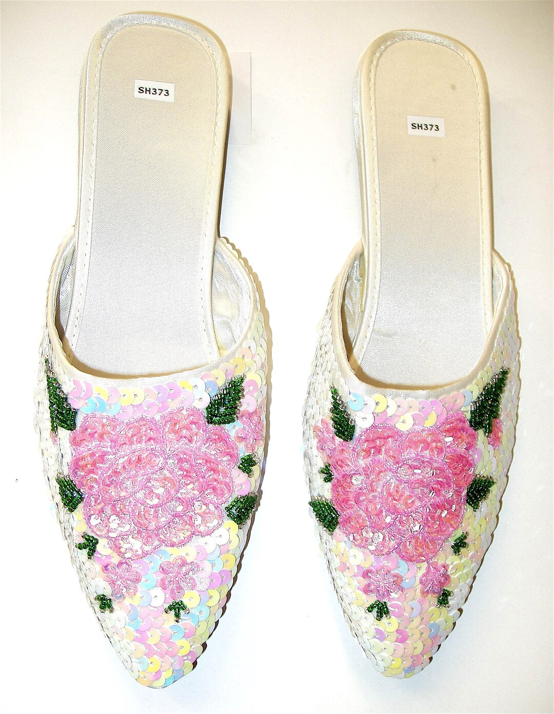 Sequin Satin Beaded Slippers OPAL WHITE W/pink - Etsy