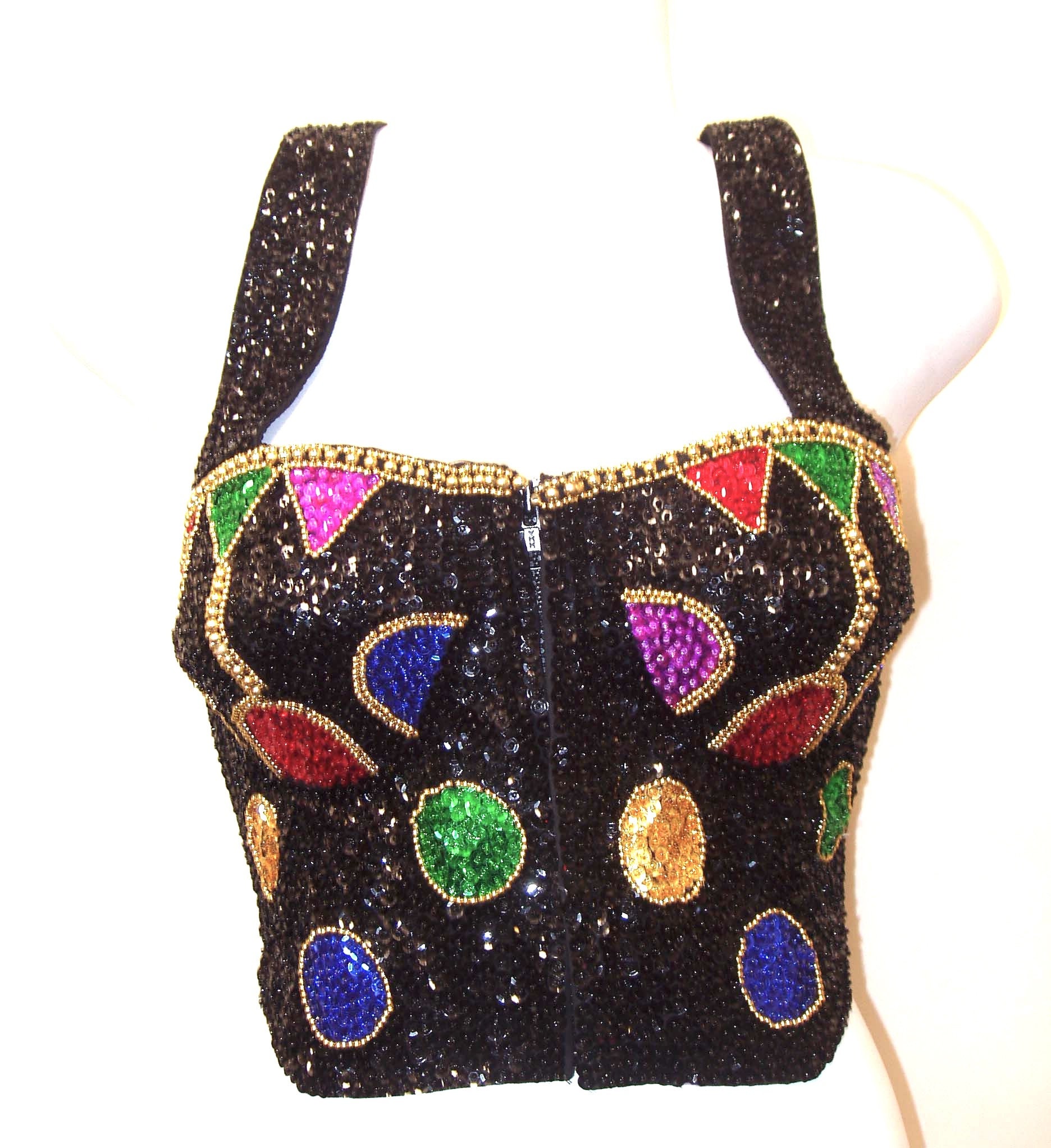 Sequin Bustier Halter Top BLACK W/color DOTS & Gold Beads - Etsy