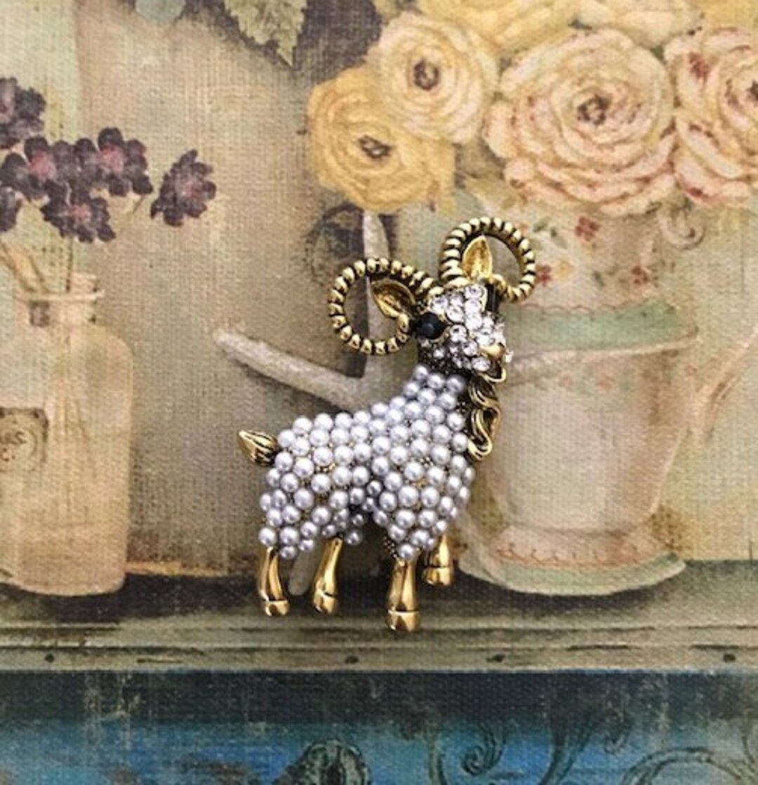 Pearl Goat Brooch Pin, Buck Billy Goat Brooch Pin, Shabby Chic Pearl ...
