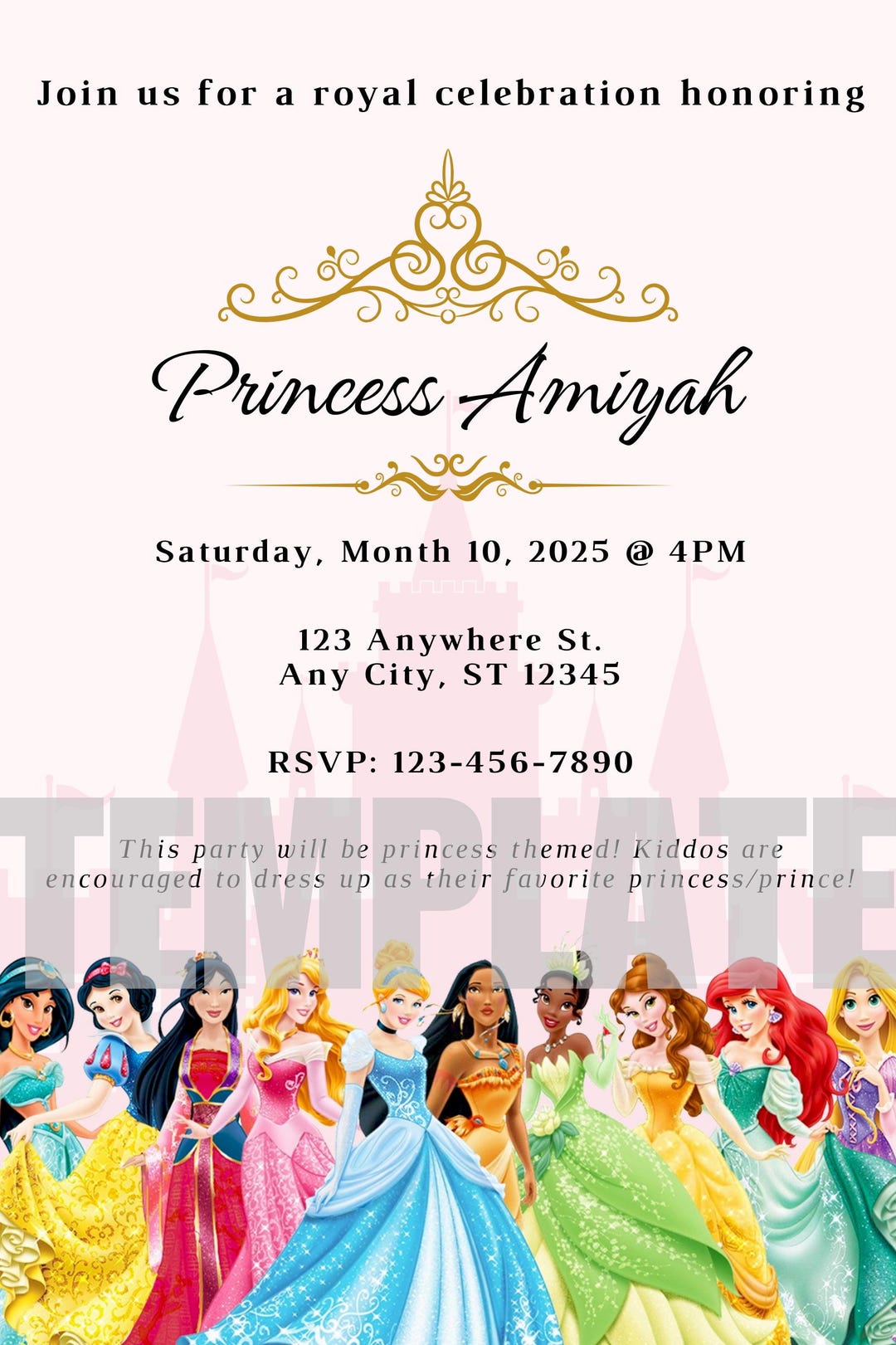 Princess Theme Birthday Party Invitation Canva Template - Instant ...