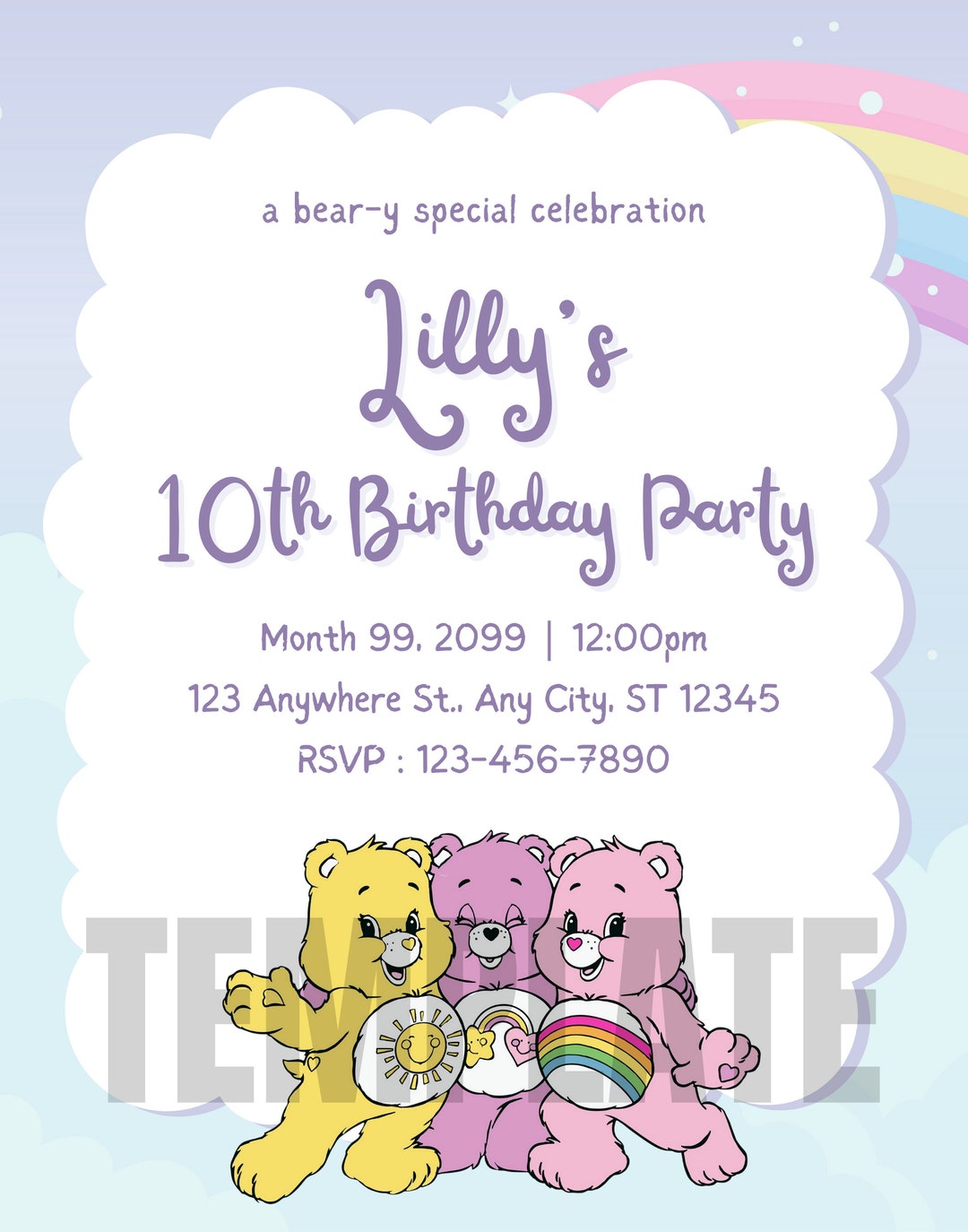 Care Bear Birthday Party Invitation Canva Template - Instant Editable ...