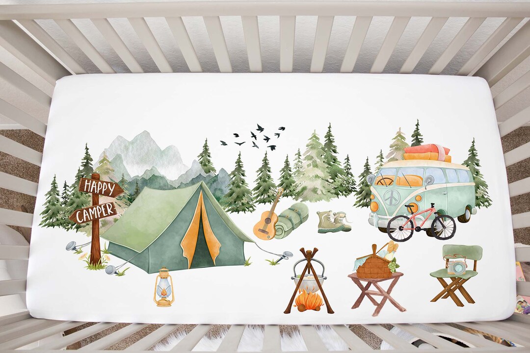 Camping Crib Sheet, Happy Camper, Adventure Nursery Bedding, Pine Trees ...