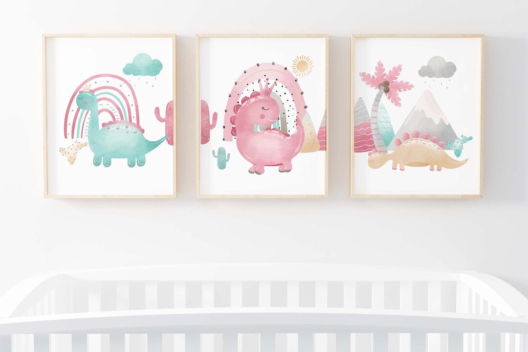 Pink Dinosaur Wall Art, Rainbow Dino Nursery Prints, Dinosaur Room ...