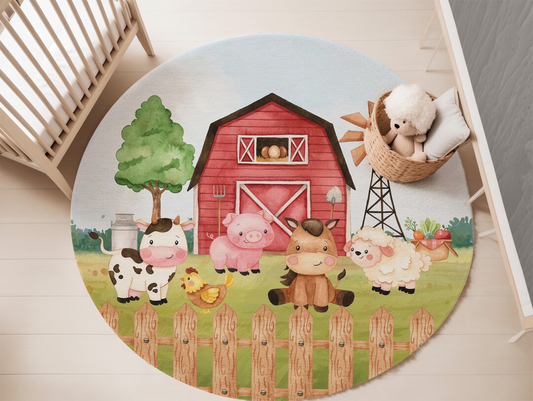 Farm Animals Rug, Farm Nursery Decor, Barnyard Kids Play Room Rug, Area ...