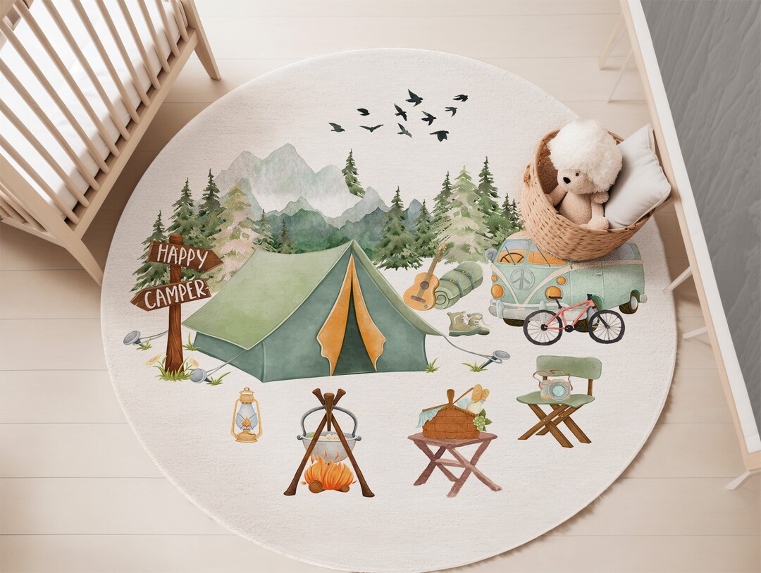 Camping Nursery Decor, Happy Camper Round Rug, Adventure Nursery, Kids ...