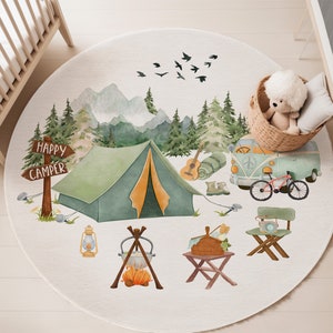 Camping Nursery Decor, Happy Camper Round Rug, Adventure Nursery, Kids ...