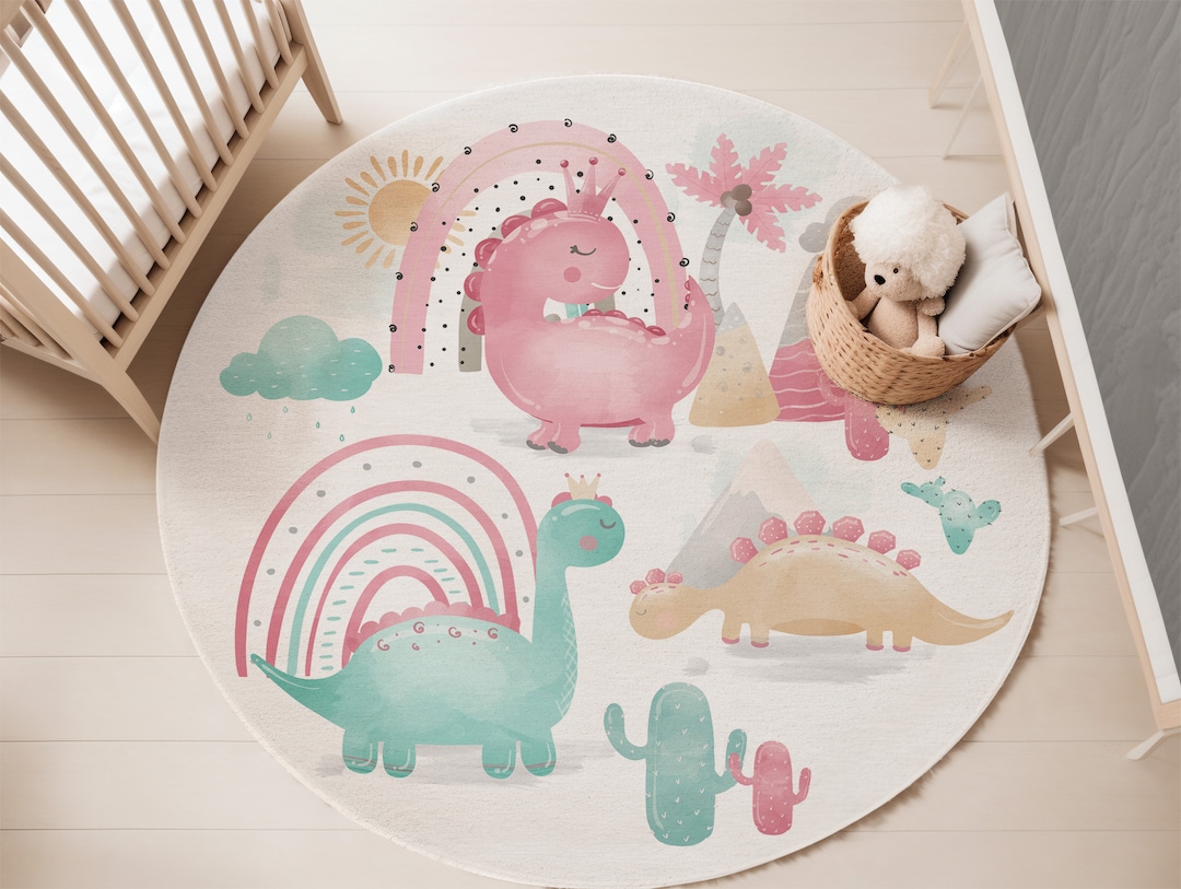 Pink Dinosaur Round Rug, Dinosaur Rug, Dinosaur Nursery Decor, Rainbow ...