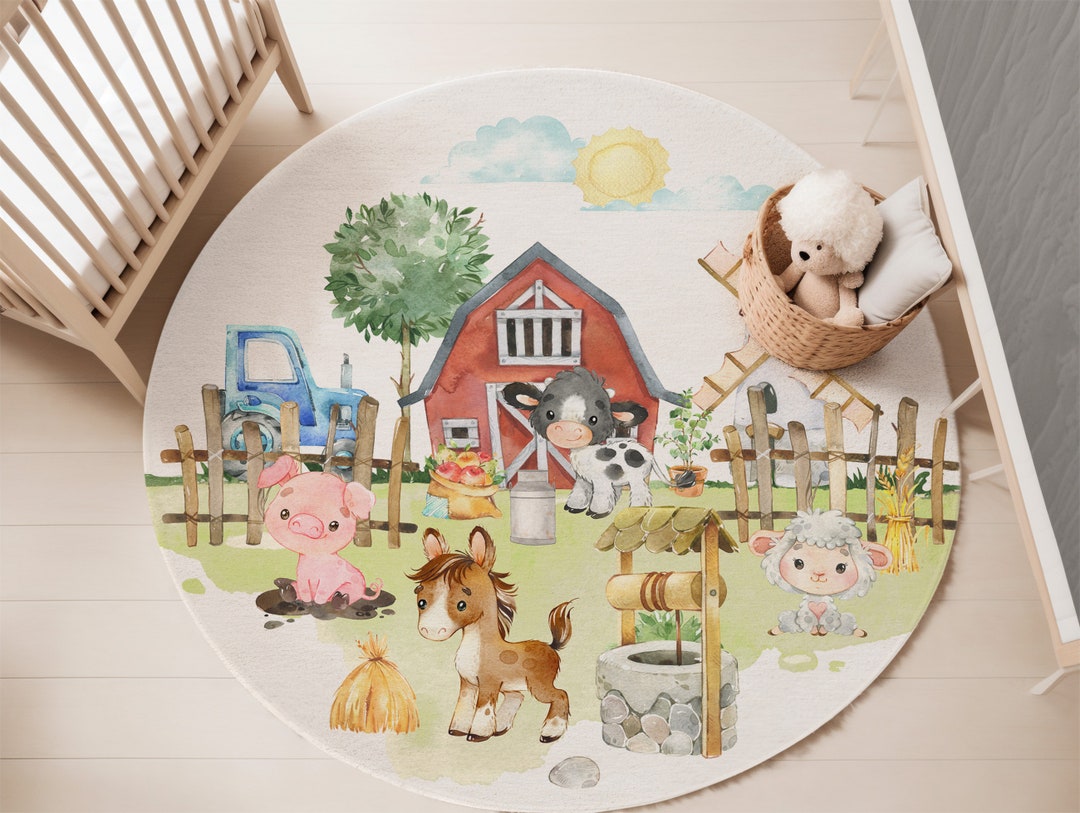 Farm Animals Round Rug, Barnyard Nursery Decor, Farm Nursery Rug, Kids ...