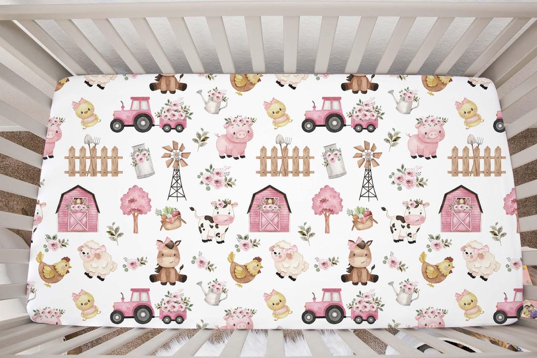 Girl Farm Crib Sheet, Pink Farm Crib Bedding, Floral Farm Fitted Crib ...