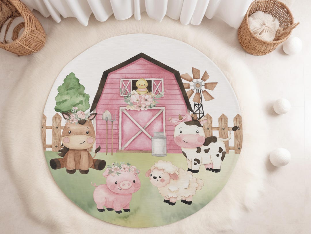 Floral Farm Nursery Rug, Pink Barnyard Rug, Farm Nursery Decor, Kids ...