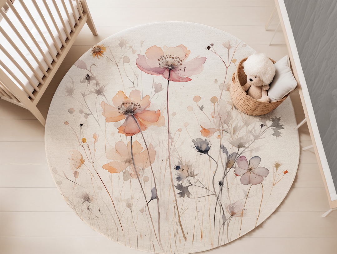 Boho Floral Rug, Pink Floral Rug, Wildflowers Rug, Wildflowers Nursery ...