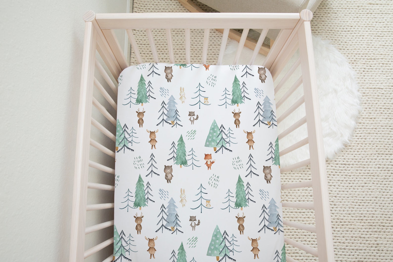Woodland Crib Sheet, Pine Trees Crib Bedding, Woodland Nursery Bedding ...