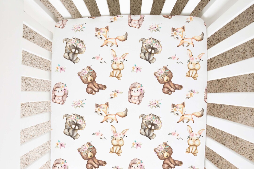 Woodland Girl Crib Sheet, Woodland Nursery Bedding, Forest Animals Crib ...
